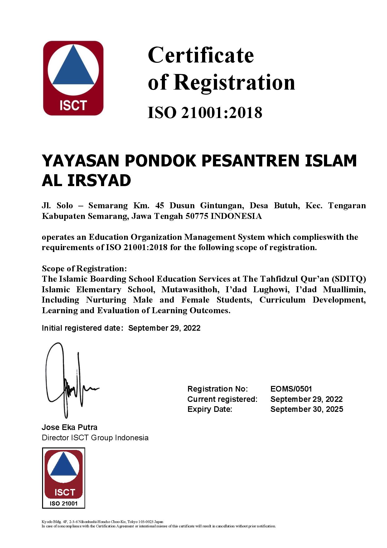 PESANTREN ISLAM AL-IRSYAD TERSERTIFIKASI ISO 21001:2018 – Pesantren ...